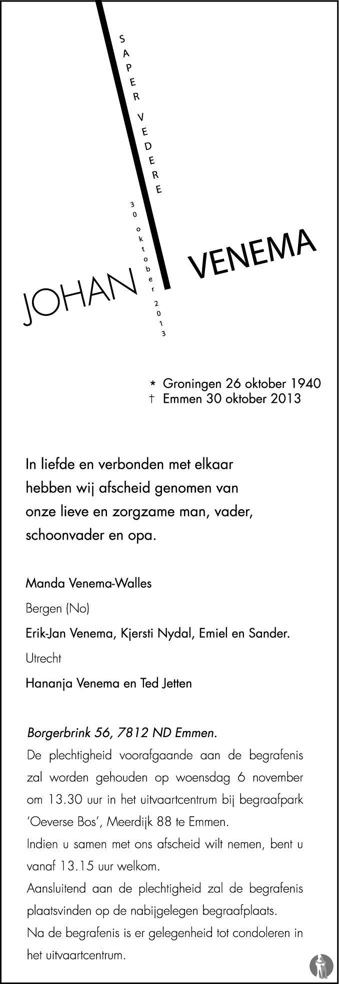 Johan Venema 30-10-2013 overlijdensbericht en condoleances - Mensenlinq.nl