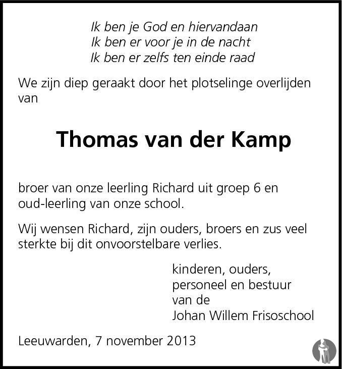 Thomas van der Kamp 07-11-2013 overlijdensbericht en condoleances ...