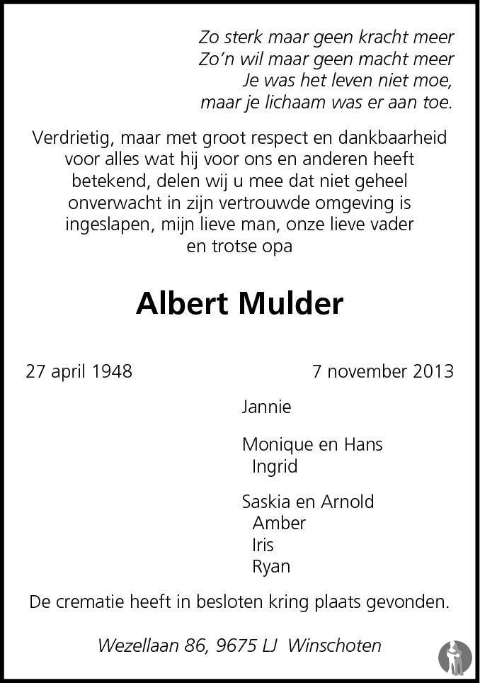 Albert Mulder 07-11-2013 overlijdensbericht en condoleances - Mensenlinq.nl