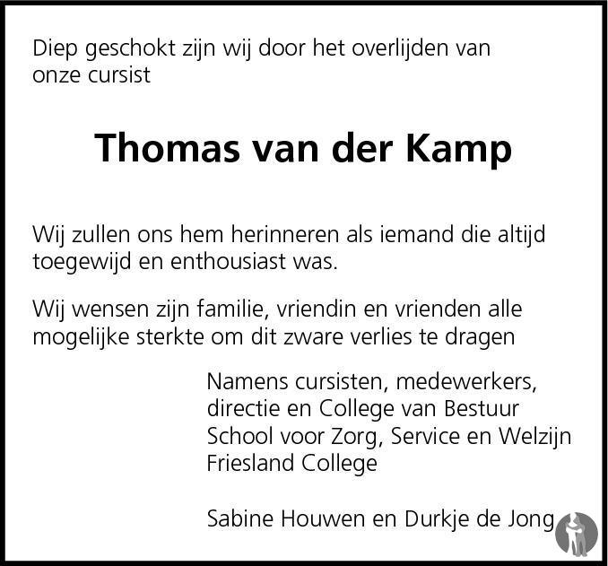 Thomas van der Kamp 07-11-2013 overlijdensbericht en condoleances ...