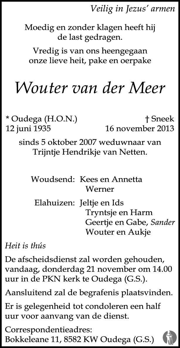 Wouter van der Meer 16-11-2013 overlijdensbericht en condoleances ...