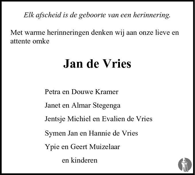 Jan J. de Vries 23-11-2013 overlijdensbericht en condoleances ...