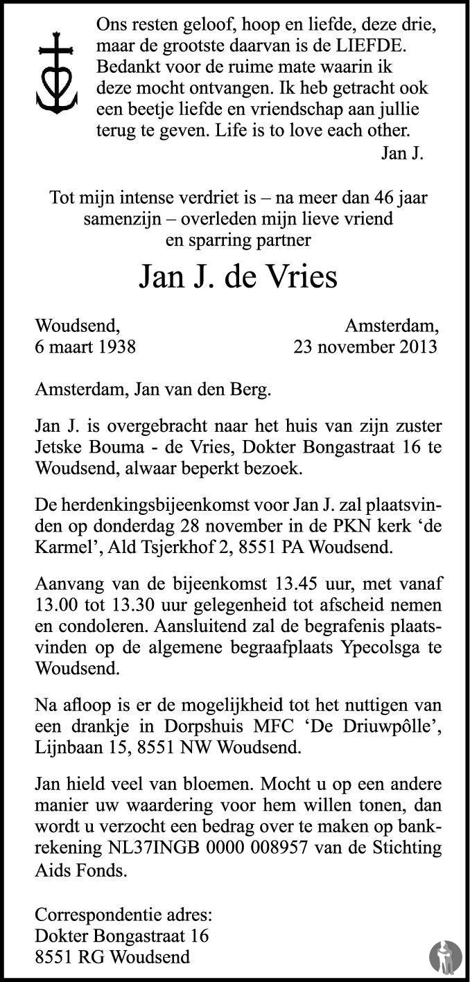 Jan J. de Vries 23-11-2013 overlijdensbericht en condoleances ...