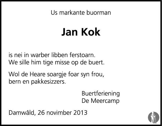 Jan Kok 26-11-2013 overlijdensbericht en condoleances - Mensenlinq.nl