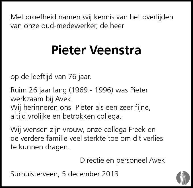 Pieter Veenstra 27-11-2013 overlijdensbericht en condoleances ...