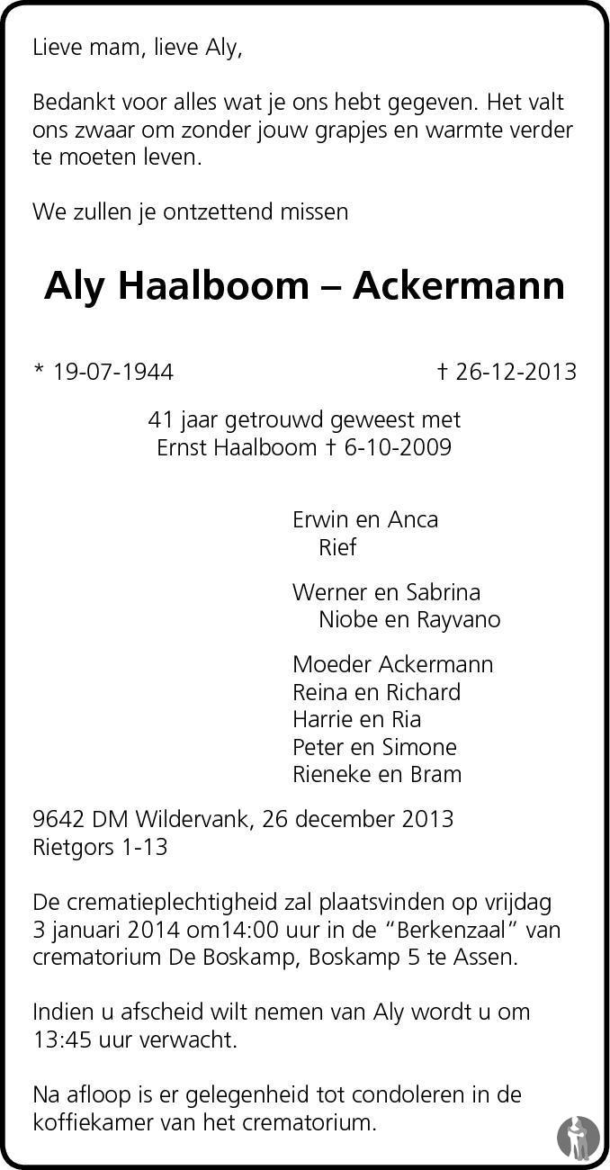 Aly Haalboom - Ackerman 26-12-2013 overlijdensbericht en condoleances ...