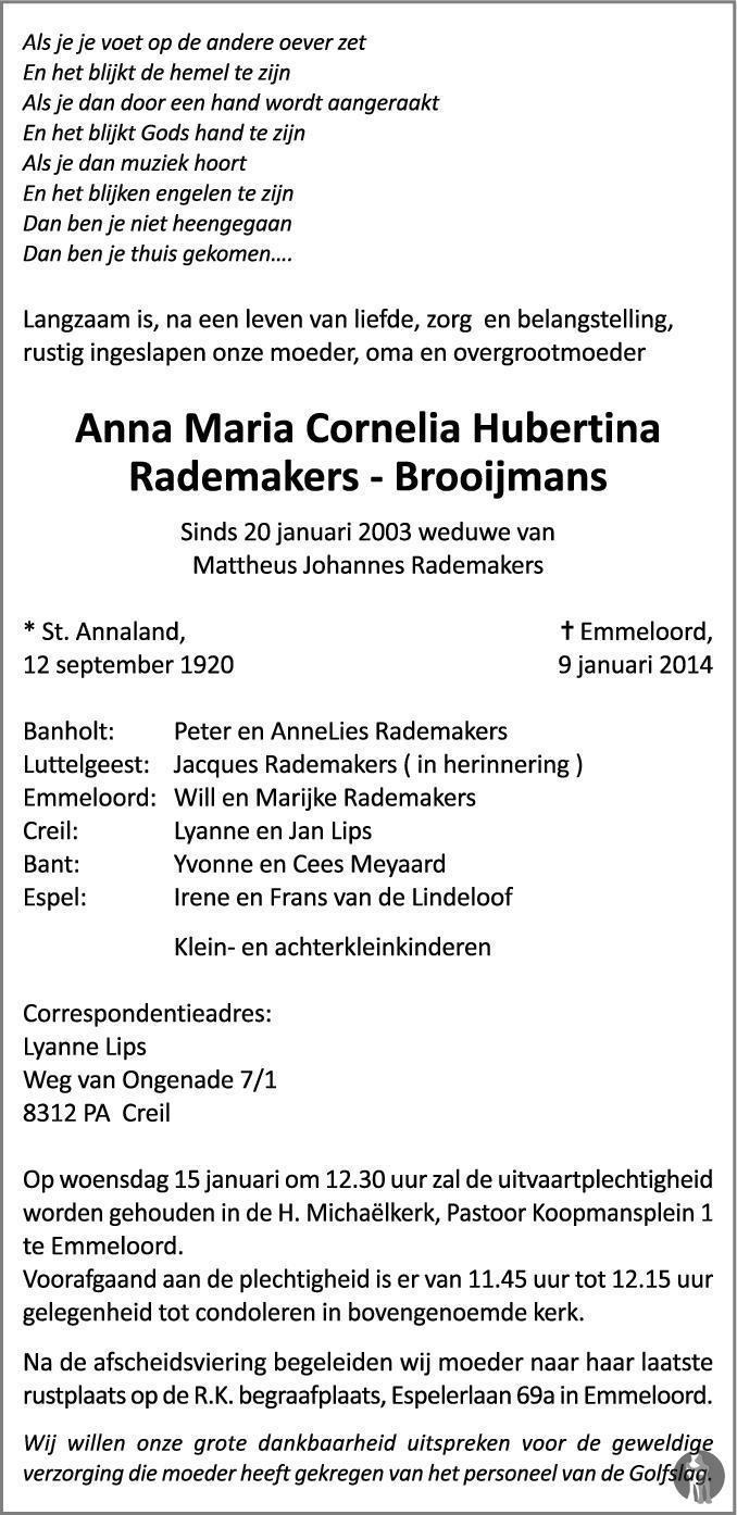 Anna Maria Cornelia Hubertina Rademakers - Brooijmans 09-01-2014 ...