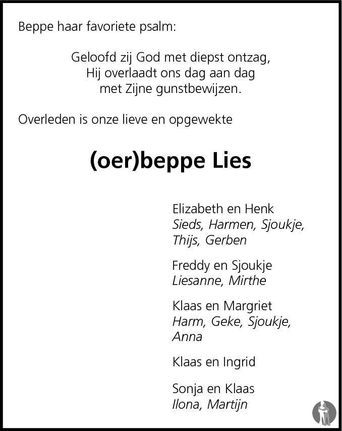 Elizabeth de Jong - Postma 08-01-2014 overlijdensbericht en ...