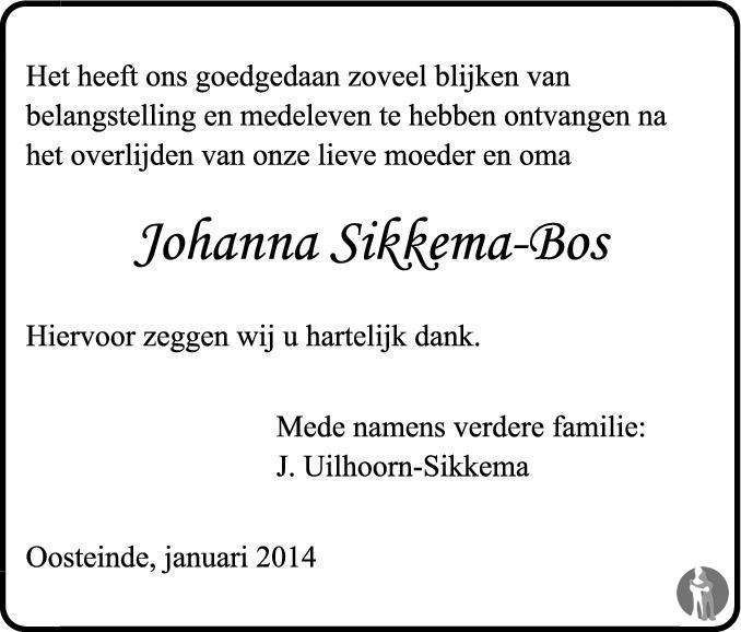 Johanna Sikkema - Bos 18-12-2013 overlijdensbericht en condoleances - Mensenlinq.nl