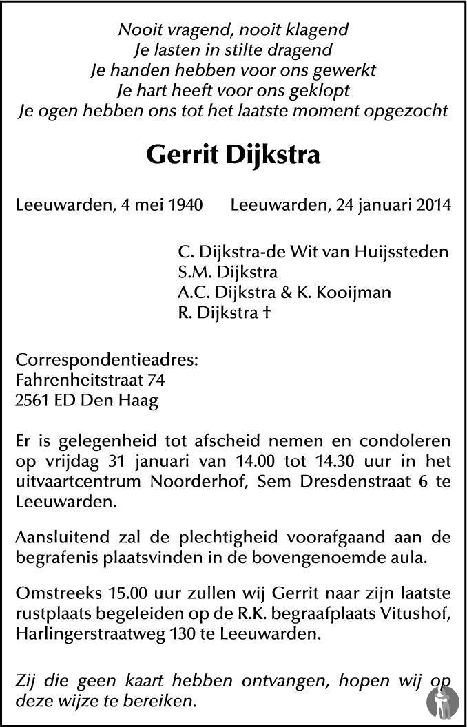 Gerrit Dijkstra 24-01-2014 overlijdensbericht en condoleances ...