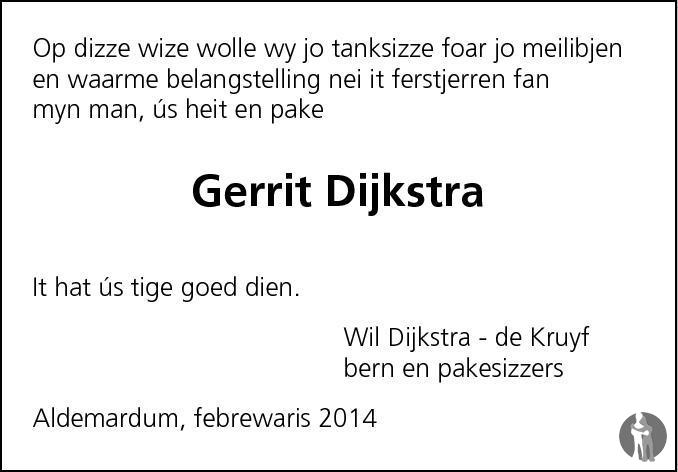 Gerrit Dijkstra 24-01-2014 overlijdensbericht en condoleances ...