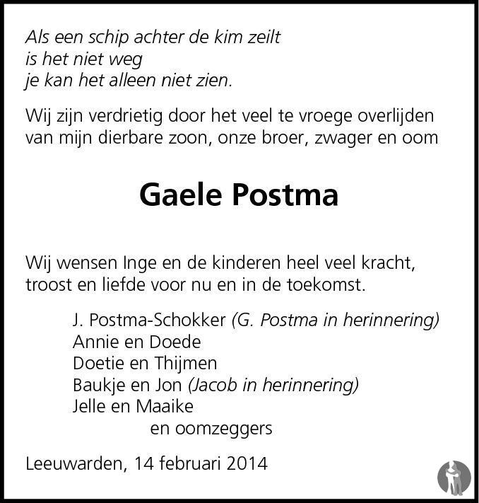 Gaele Postma 14-02-2014 overlijdensbericht en condoleances - Mensenlinq.nl
