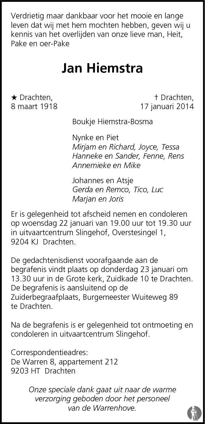 Jan Hiemstra 17-01-2014 overlijdensbericht en condoleances - Mensenlinq.nl