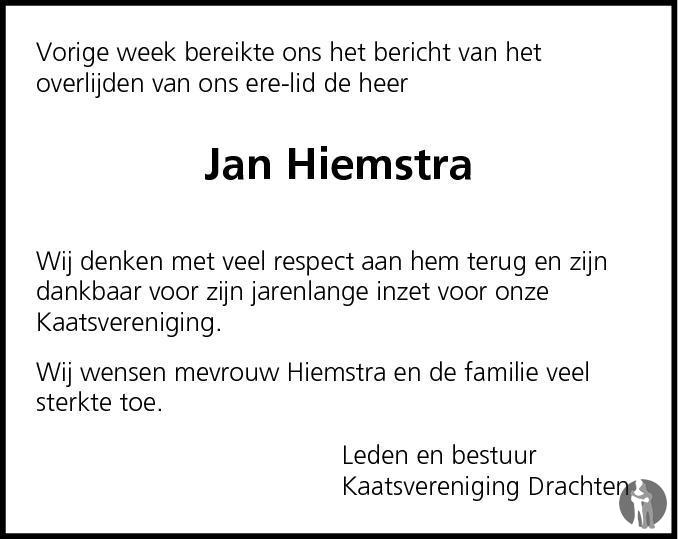 Jan Hiemstra 17-01-2014 overlijdensbericht en condoleances - Mensenlinq.nl