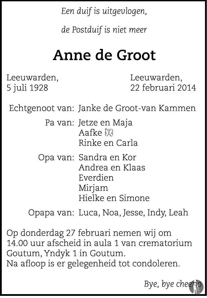 Anne de Groot 22-02-2014 overlijdensbericht en condoleances - Mensenlinq.nl
