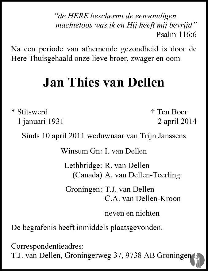 Jan Thies van Dellen 02-04-2014 overlijdensbericht en condoleances ...