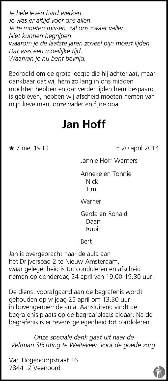 Jan Hoff 20-04-2014 overlijdensbericht en condoleances - Mensenlinq.nl