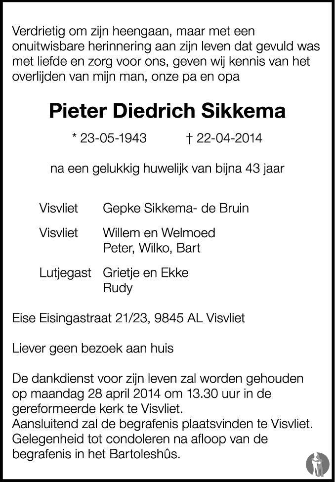 Pieter Diedrich Sikkema 22-04-2014 overlijdensbericht en condoleances - Mensenlinq.nl