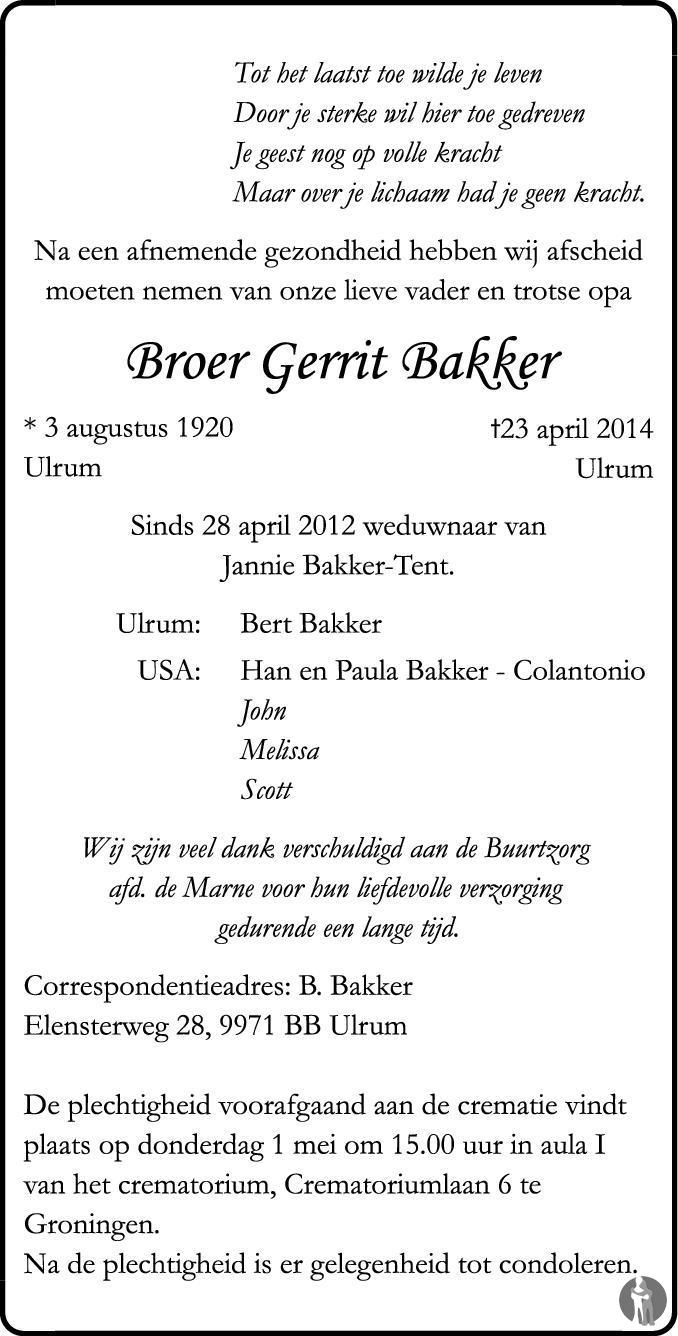 Broer Gerrit Bakker 23-04-2014 overlijdensbericht en condoleances ...