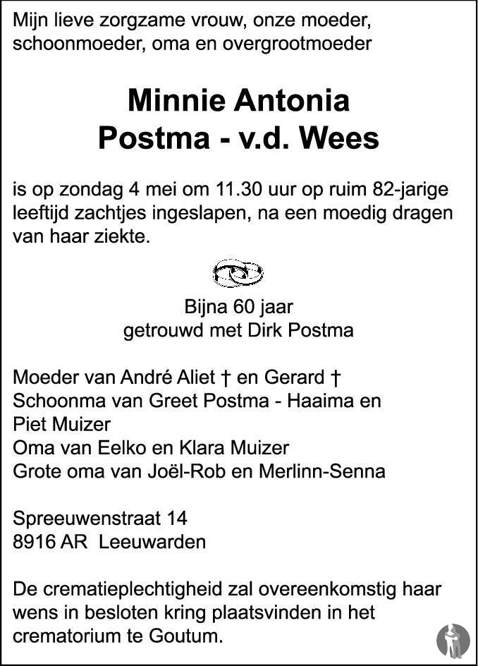 Minnie Antonia Postma - v.d. Wees 04-05-2014 overlijdensbericht en ...