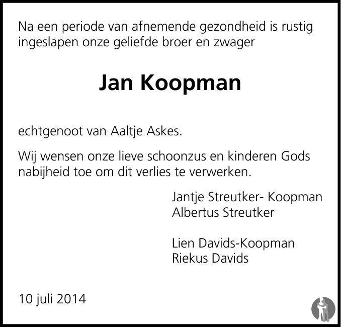 Jan Koopman 10-07-2014 overlijdensbericht en condoleances - Mensenlinq.nl