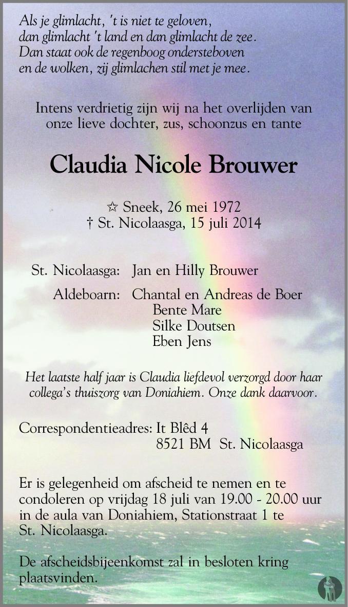 Claudia Nicole Brouwer 15-07-2014 overlijdensbericht en condoleances ...