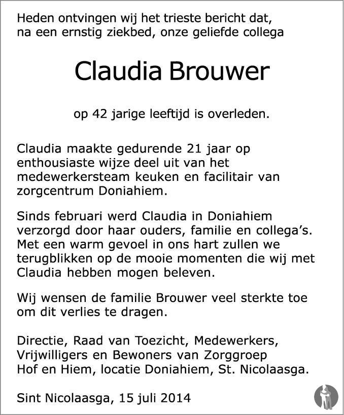 Claudia Nicole Brouwer 15-07-2014 overlijdensbericht en condoleances ...