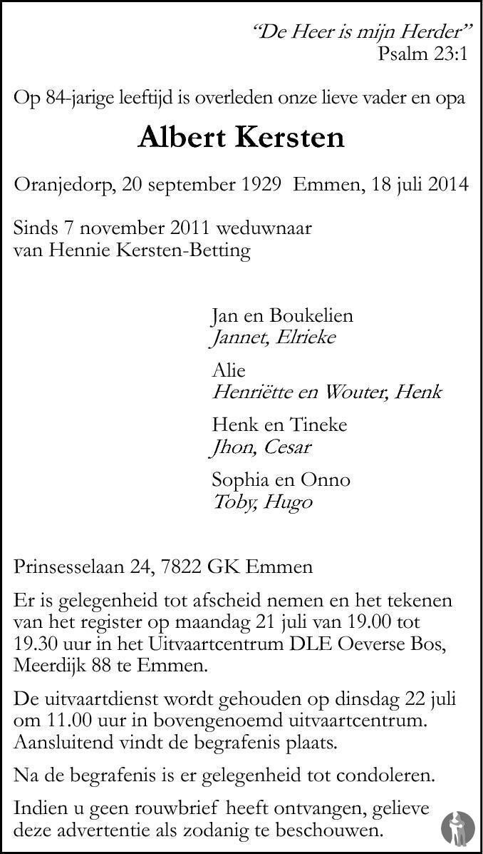 Albert Kersten 18-07-2014 overlijdensbericht en condoleances ...