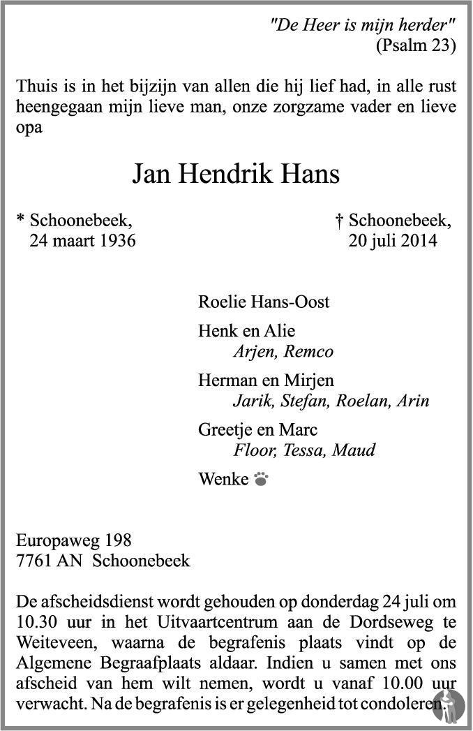 Jan Hendrik Hans 20-07-2014 overlijdensbericht en condoleances ...