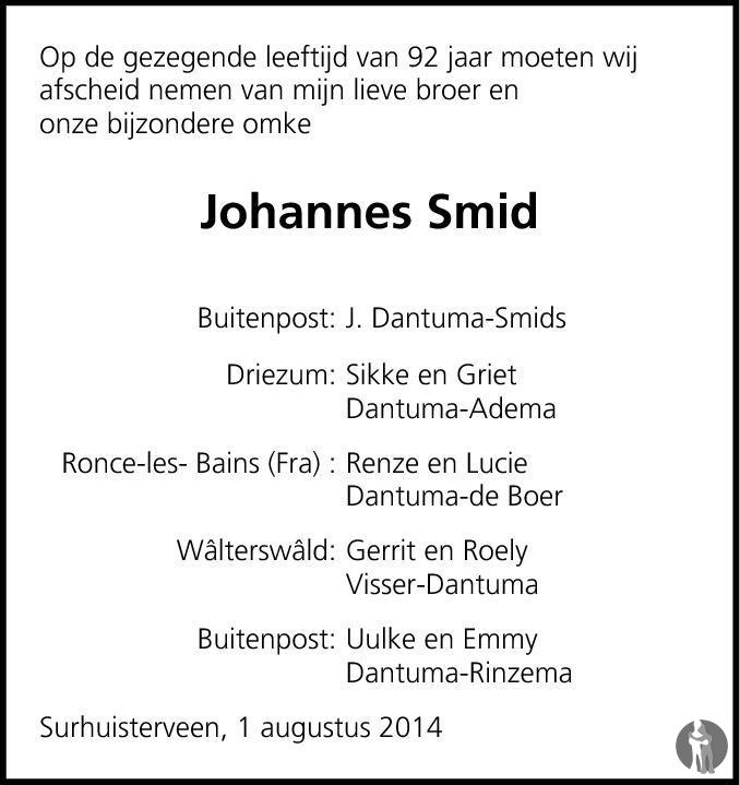 Johannes Smid 01-08-2014 overlijdensbericht en condoleances - Mensenlinq.nl