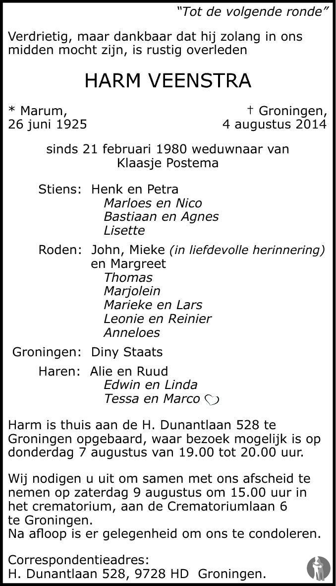 Harm Veenstra 04-08-2014 overlijdensbericht en condoleances - Mensenlinq.nl