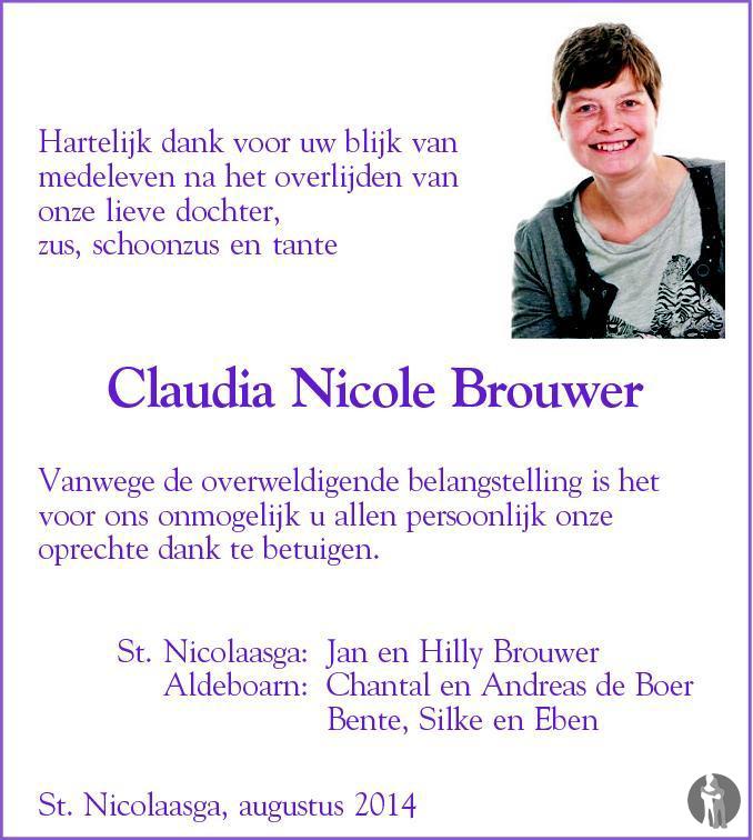 Claudia Nicole Brouwer 15-07-2014 overlijdensbericht en condoleances ...