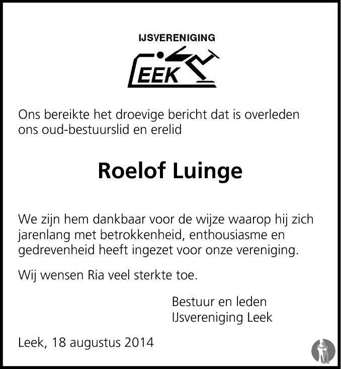 Roelof Luinge 18-08-2014 overlijdensbericht en condoleances - Mensenlinq.nl