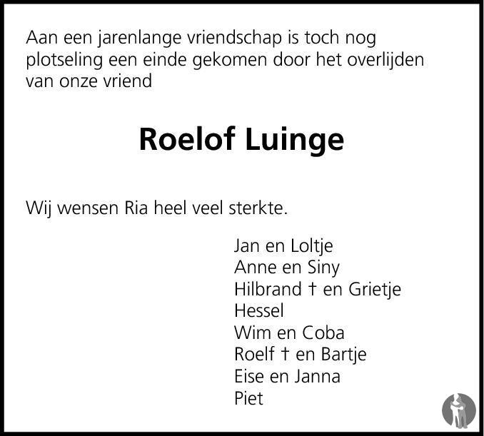 Roelof Luinge 18-08-2014 overlijdensbericht en condoleances - Mensenlinq.nl