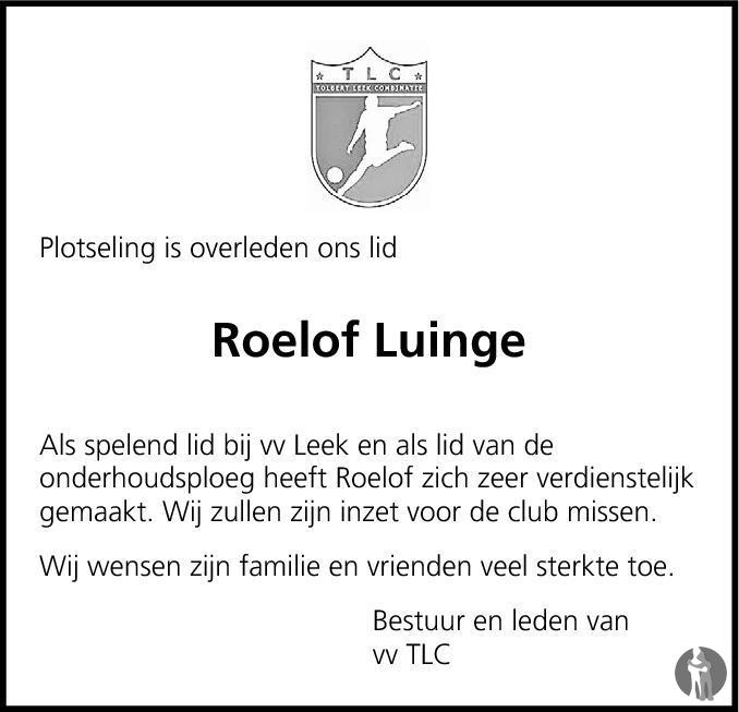 Roelof Luinge 18-08-2014 overlijdensbericht en condoleances - Mensenlinq.nl