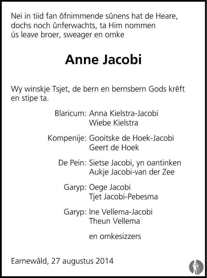 Anne Jacobi 27-08-2014 overlijdensbericht en condoleances - Mensenlinq.nl