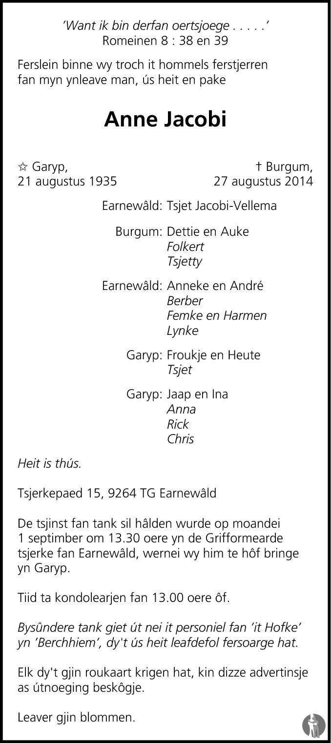 Anne Jacobi 27-08-2014 overlijdensbericht en condoleances - Mensenlinq.nl