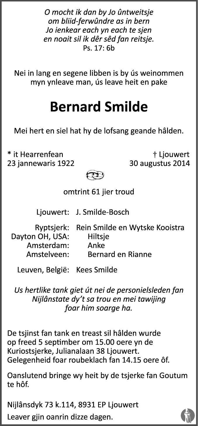 Bernard Smilde 30-08-2014 overlijdensbericht en condoleances ...