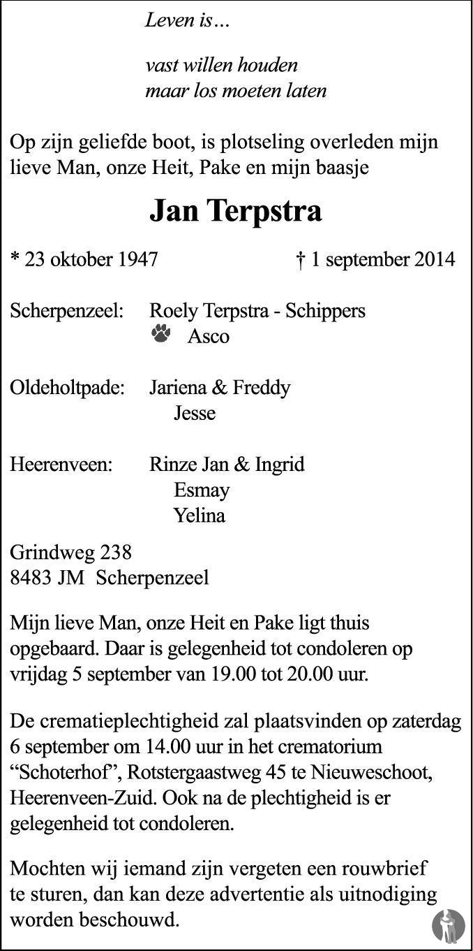 Jan Terpstra 01-09-2014 overlijdensbericht en condoleances - Mensenlinq.nl