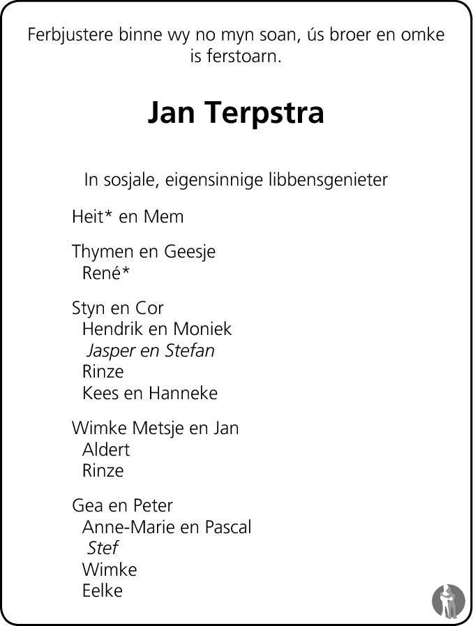 Jan Terpstra 01-09-2014 overlijdensbericht en condoleances - Mensenlinq.nl