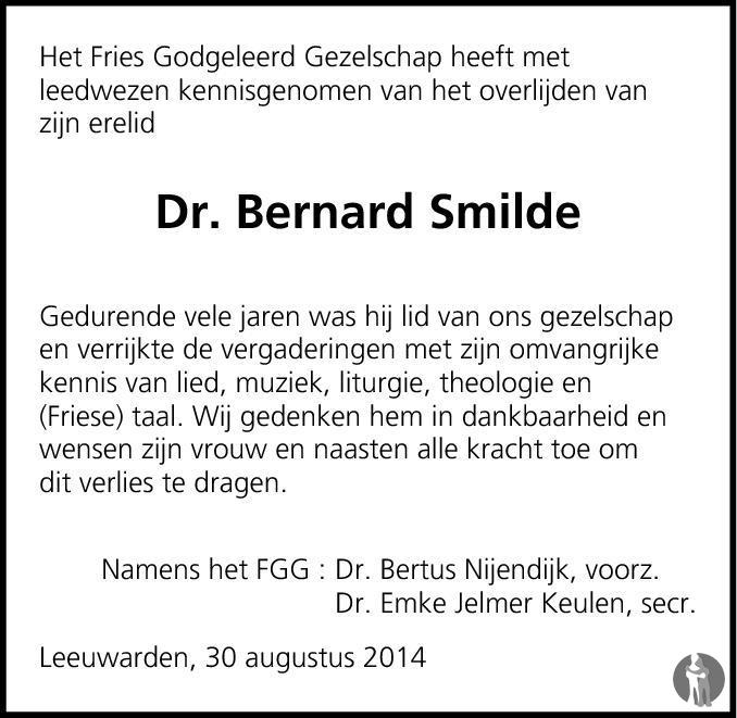 Bernard Smilde 30-08-2014 overlijdensbericht en condoleances ...