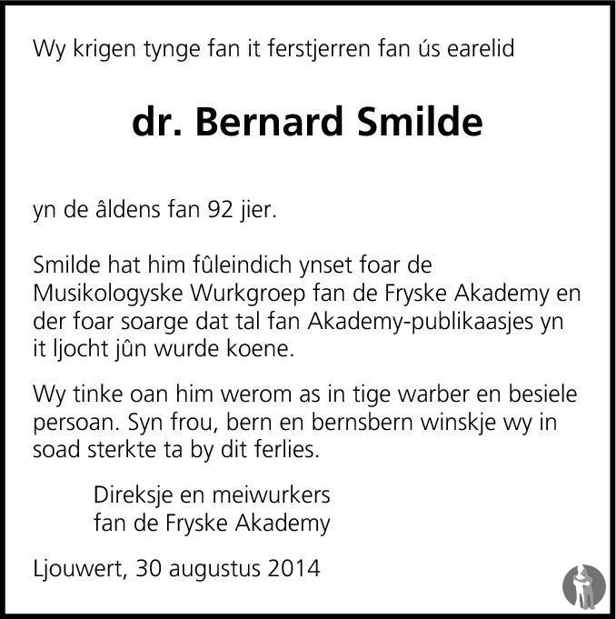 Bernard Smilde 30-08-2014 overlijdensbericht en condoleances ...