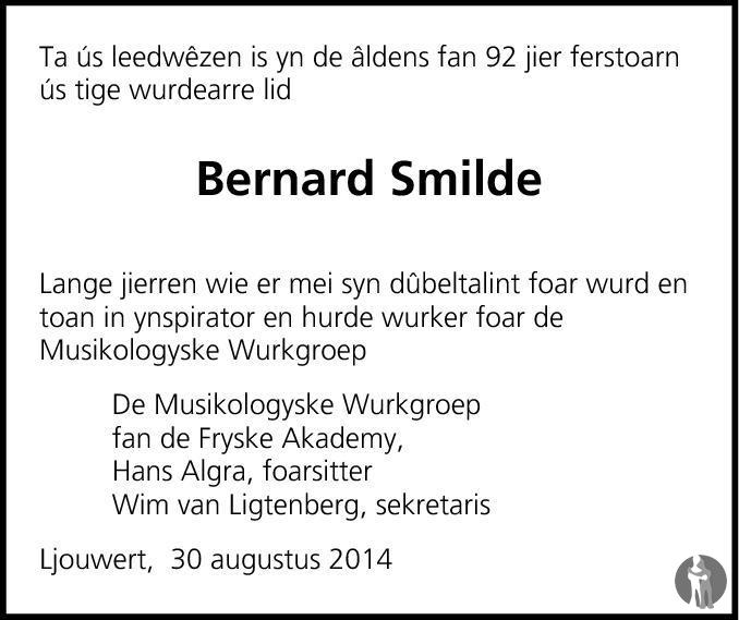 Bernard Smilde 30-08-2014 overlijdensbericht en condoleances ...
