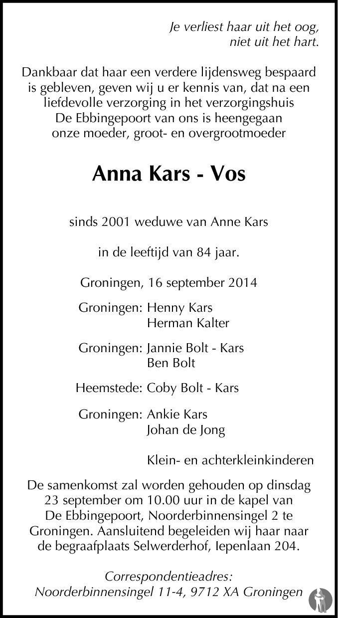 Anna Kars - Vos 16-09-2014 overlijdensbericht en condoleances ...