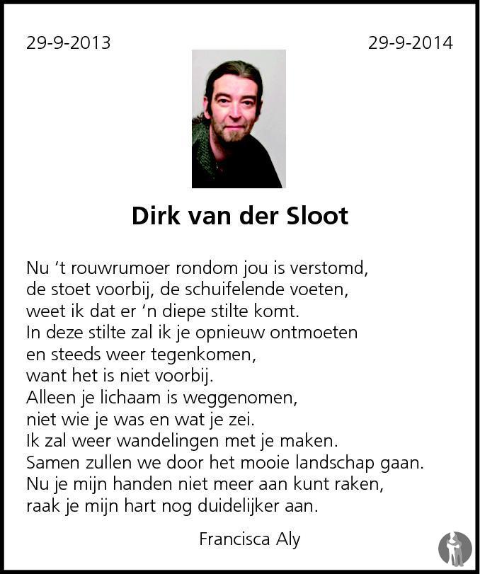 Dirk van der Sloot 29-09-2013 overlijdensbericht en condoleances ...