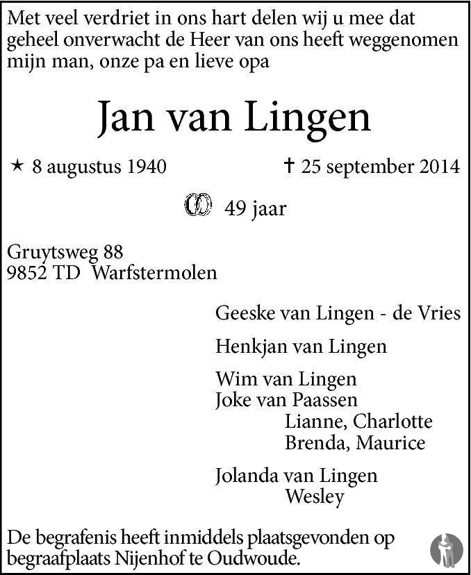 Jan van Lingen 25-09-2014 overlijdensbericht en condoleances ...