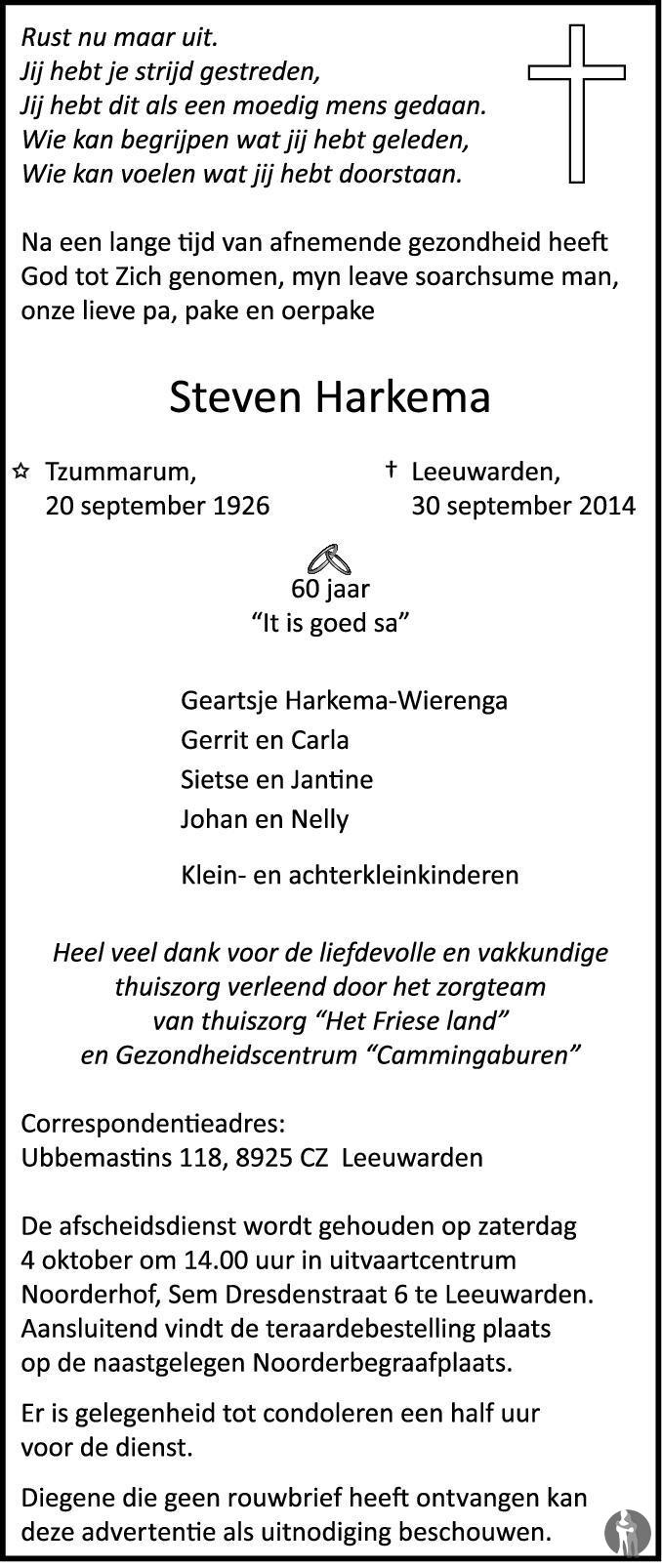 Steven Harkema 30-09-2014 overlijdensbericht en condoleances ...