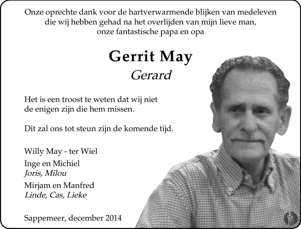 Gerrit (Gerard) May 19-10-2014 overlijdensbericht en condoleances ...