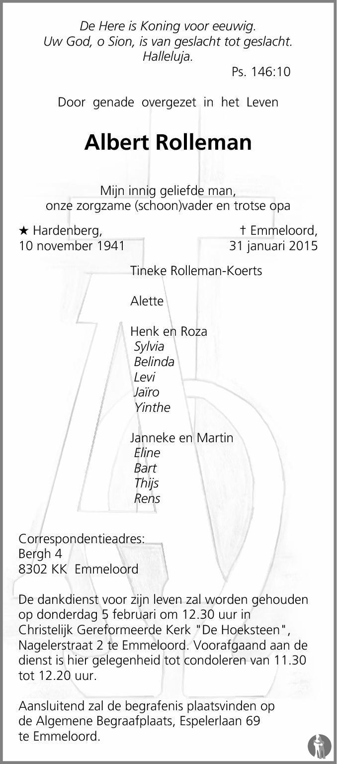 Albert Rolleman 31-01-2015 overlijdensbericht en condoleances ...