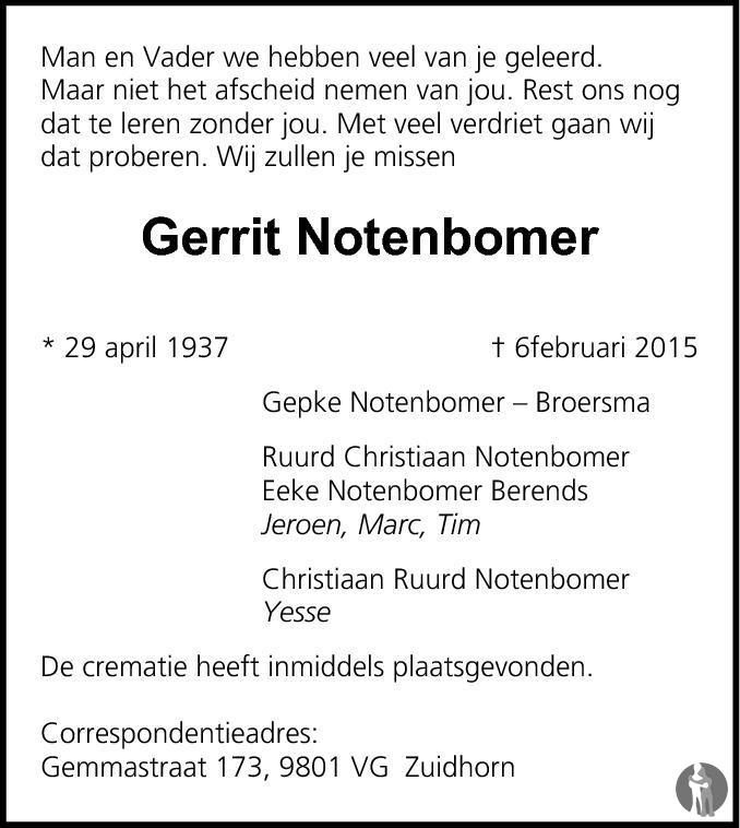 Gerrit Notenbomer 06-02-2015 overlijdensbericht en condoleances ...